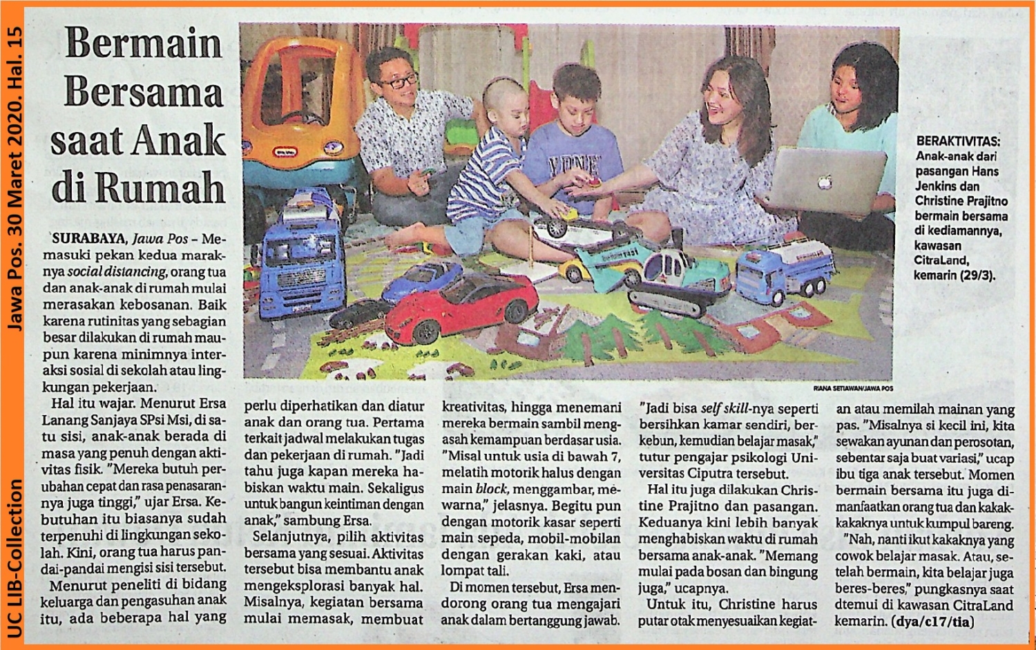 Bermain Bersama saat Anak di Rumah. Jawa Pos. 30 Maret 2020. Hal.15. Ersa Lanang Sanjaya ...