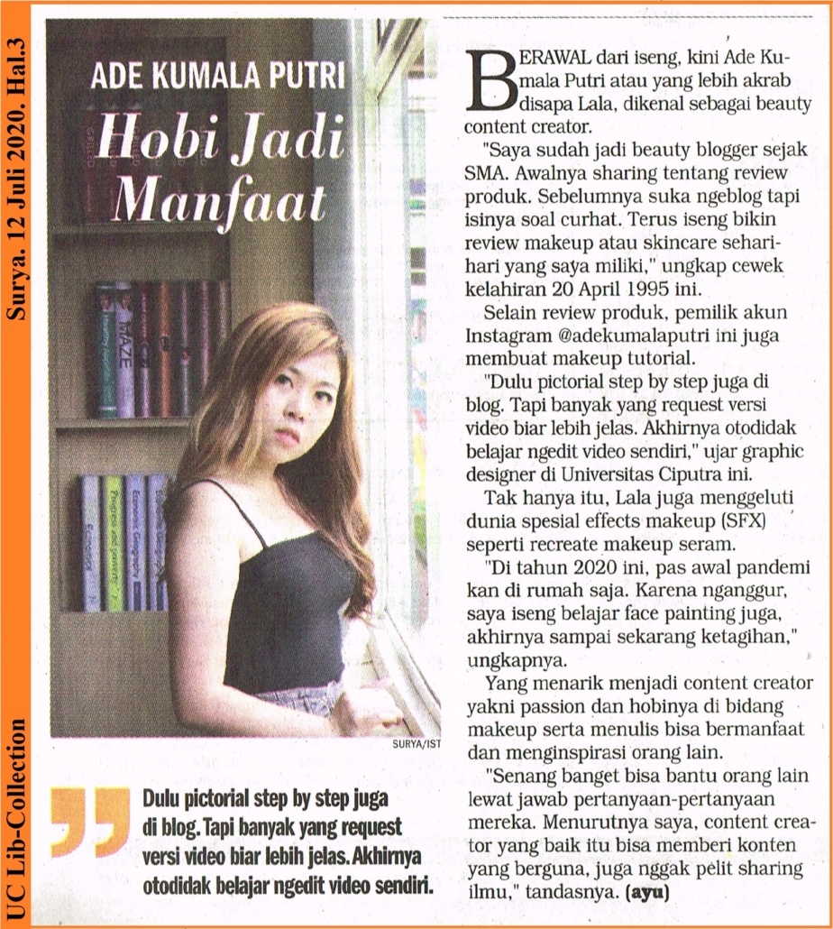 Ade Kumala Putri_Hobi Jadi Manfaat. Jawa Pos. 13 Juli 2020. Hal.15. MNA - Library