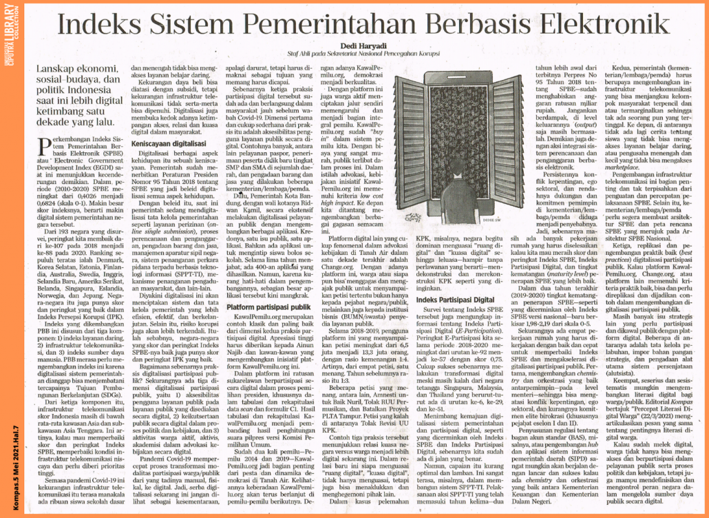 Indeks Sistem Pemerintahan Berbasis Elektronik.Kompas.5 Mei 2021.Hal.7 ...