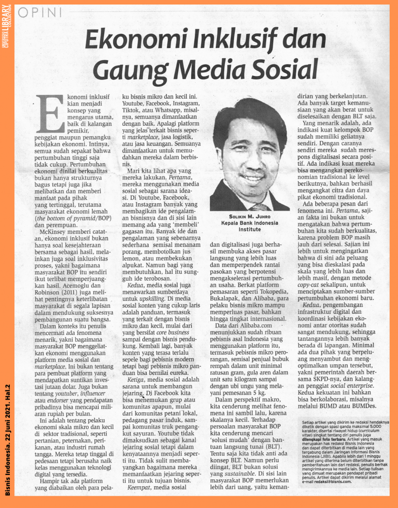 Ekonomi Inklusif dan Gaung Media Sosial. Bisnis Indonesia. 22 Juni 2021 ...