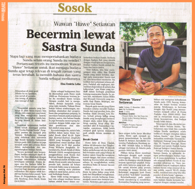 Wawan Hawe_ Setiawan Bercermin lewat Sastra Sunda.Kompas.Hal.16 - Library