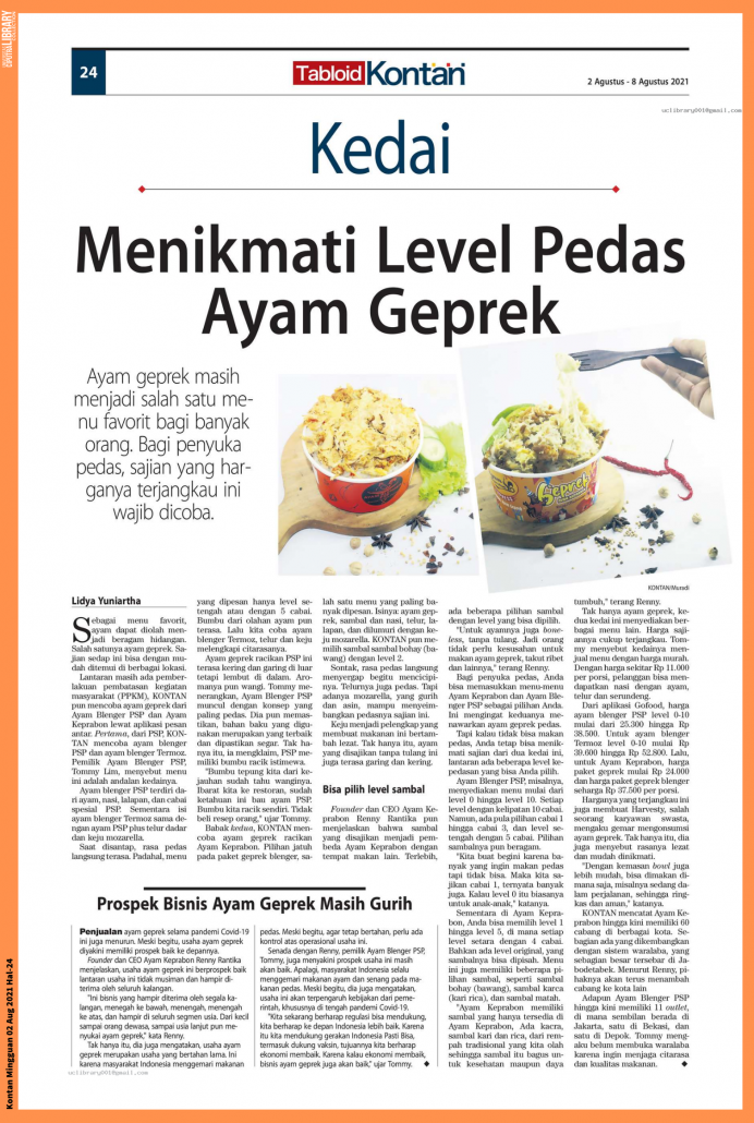 Menikmati Level Pedas Ayam Geprek. Kontan. 2 Agustus 2021 Hal. 24 - Library