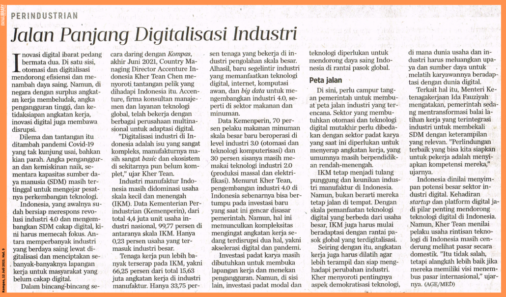 Jalan Panjang Digitalisasi Industri. Kompas, 12 Juli 2021. Hal. 9 - Library