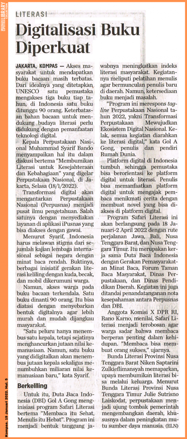 Digitalisasi Buku Diperkuat. Kompas. 19 Januari 2022. Hal. 5 - Library
