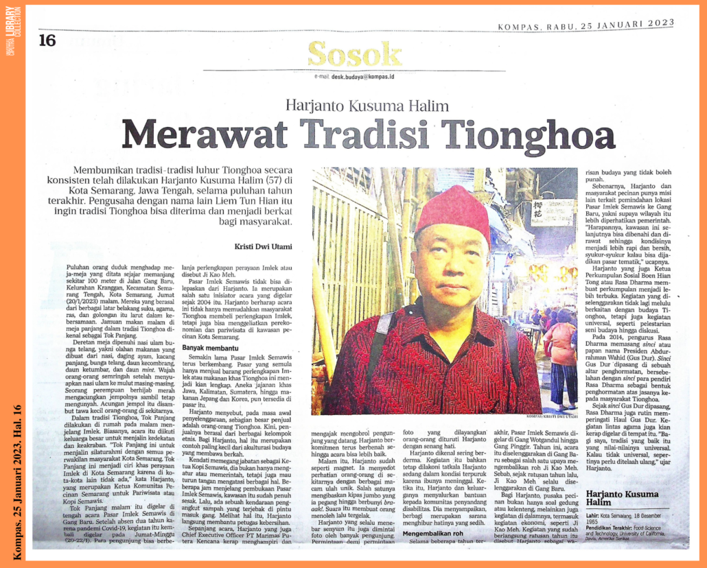 Harjanto Kusuma Halim. Merawat Tradisi Tionghoa. Kompas. 25 Januari ...