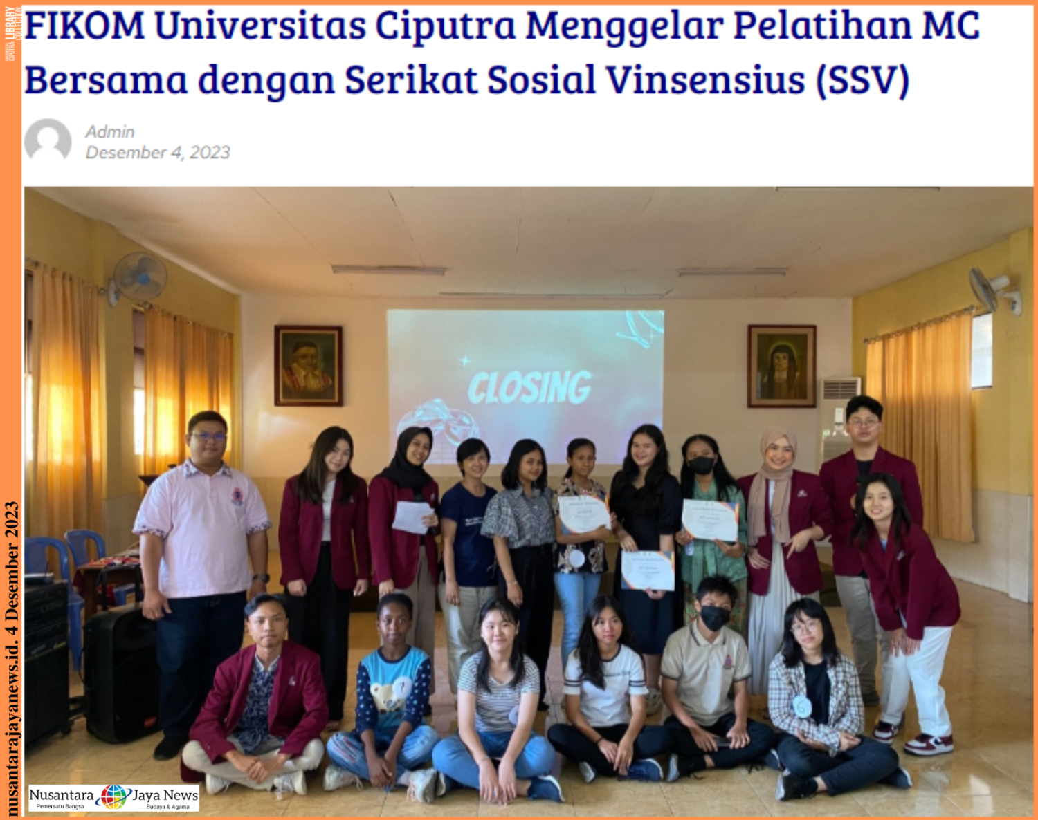 FIKOM Universitas Ciputra Menggelar Pelatihan MC Bersama dengan Serikat Sosial Vinsensius (SSV ...
