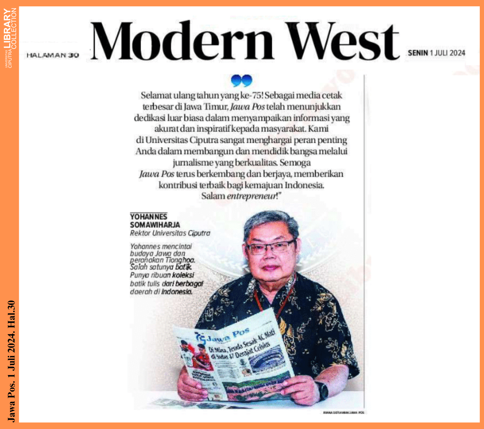 Selamat Ulang Tahun Jawa Pos ke 75. Jawa Pos. 1 Juli 2024. Hal. 30 - Library